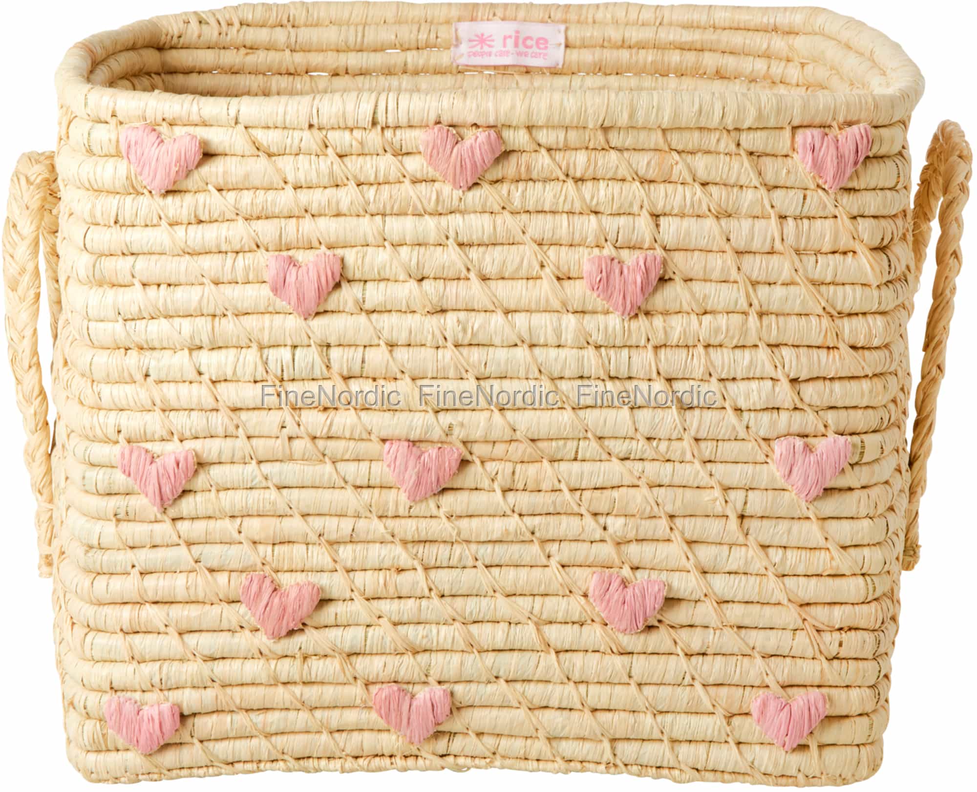 Rice Raffia Basket - Square - Raffia Handles - Pink Hearts