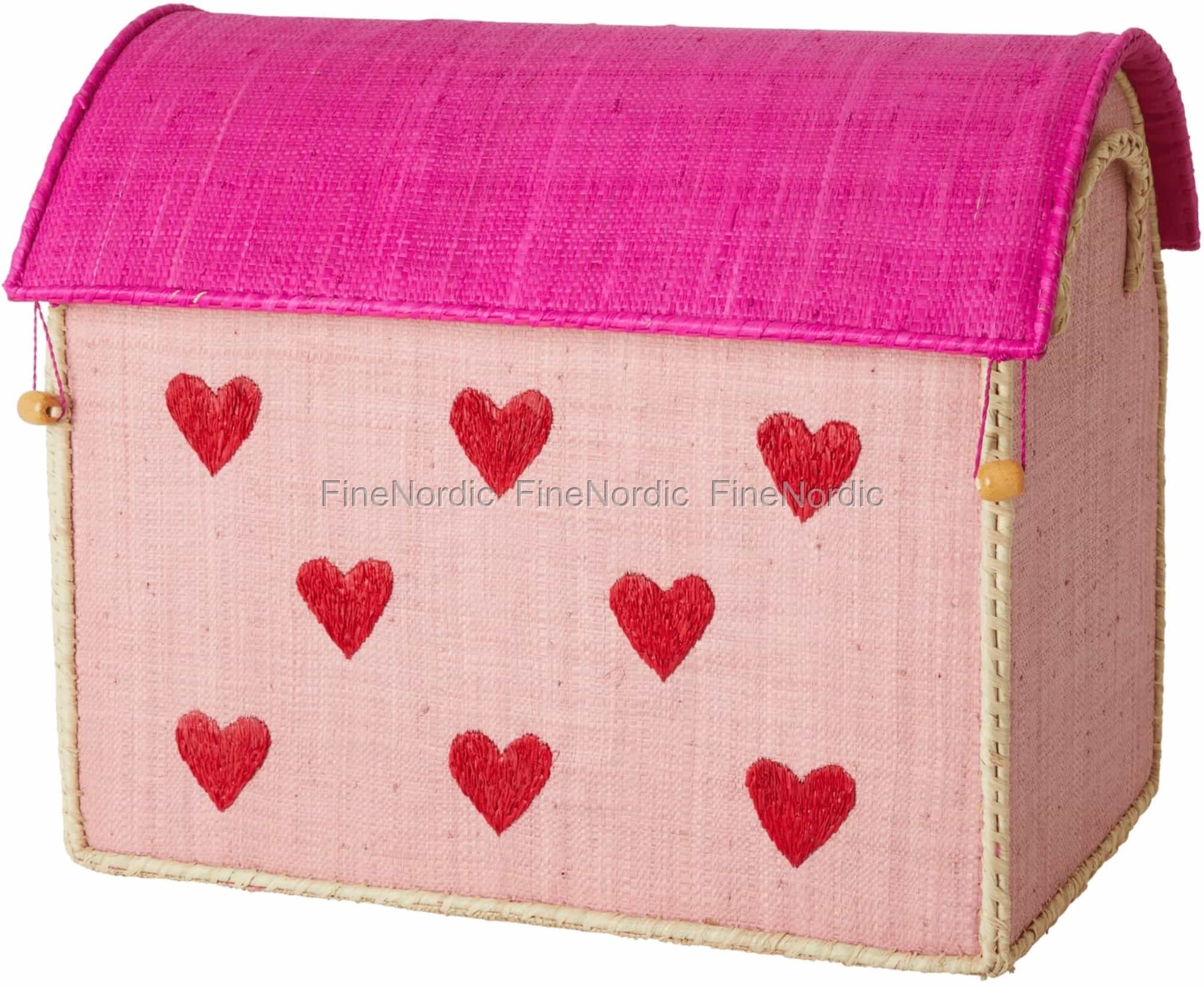 Rice Raffia Toy Basket - Hearts - Pink - Medium