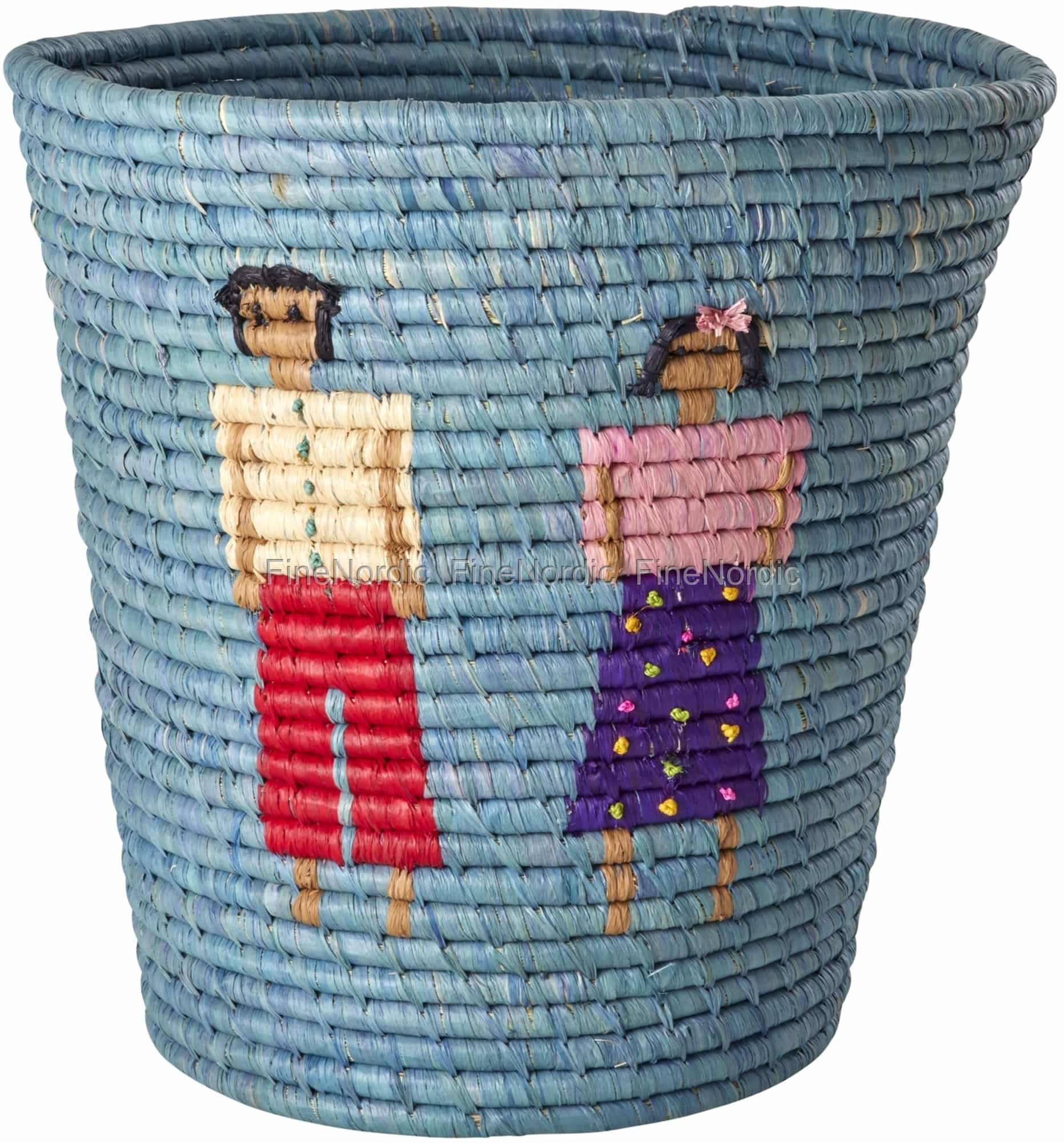 Rice Raffia Basket - Round with People and 3D Details - Blue