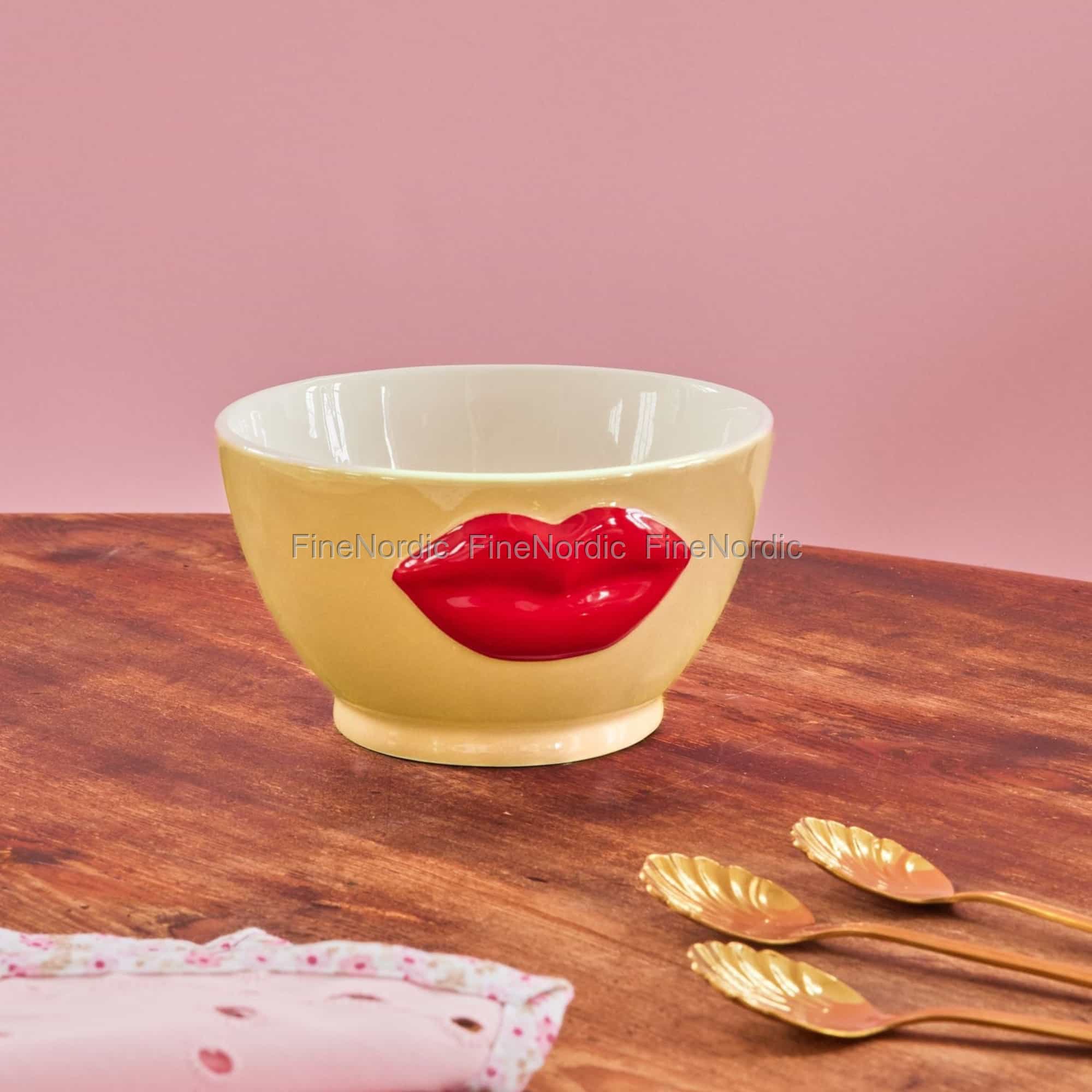 Rice Ceramic Bowl with Embossed Red Lips - Cream - 250 ml