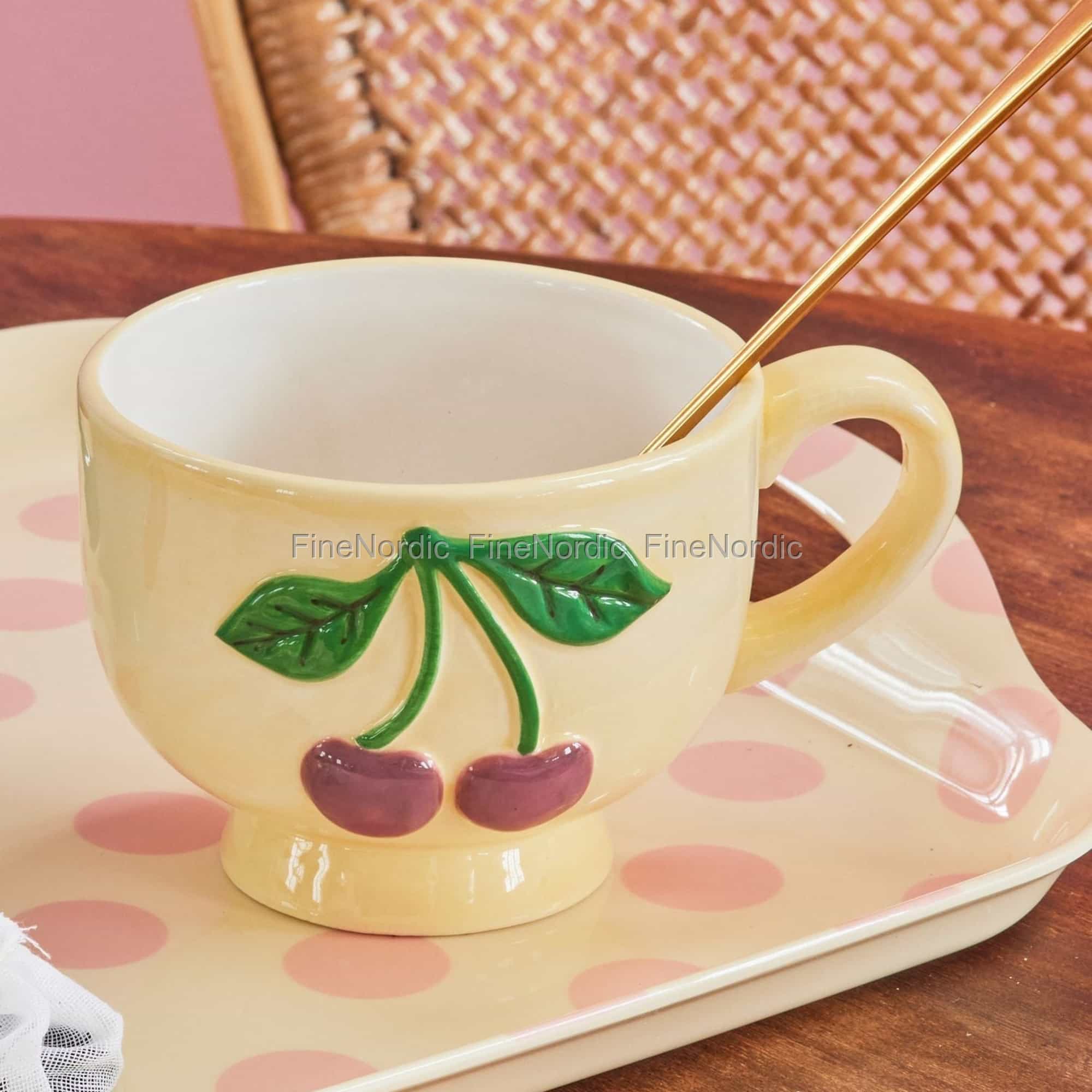 Rice Ceramic Mug with Embossed Cherries - Cream - 250 ml