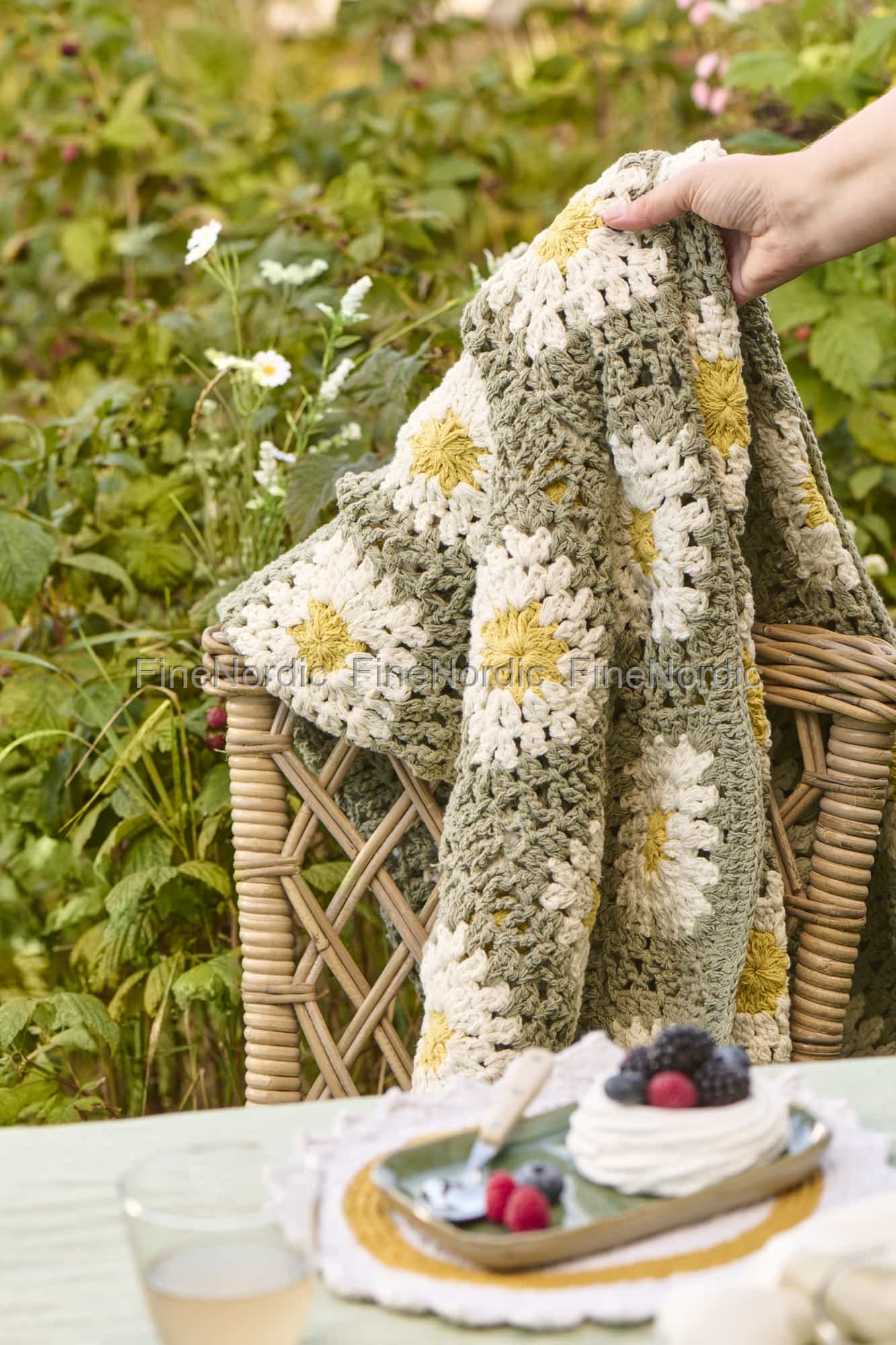Ib Laursen Throw Crocheted Dusty Green with White and Yellow Flowers ...