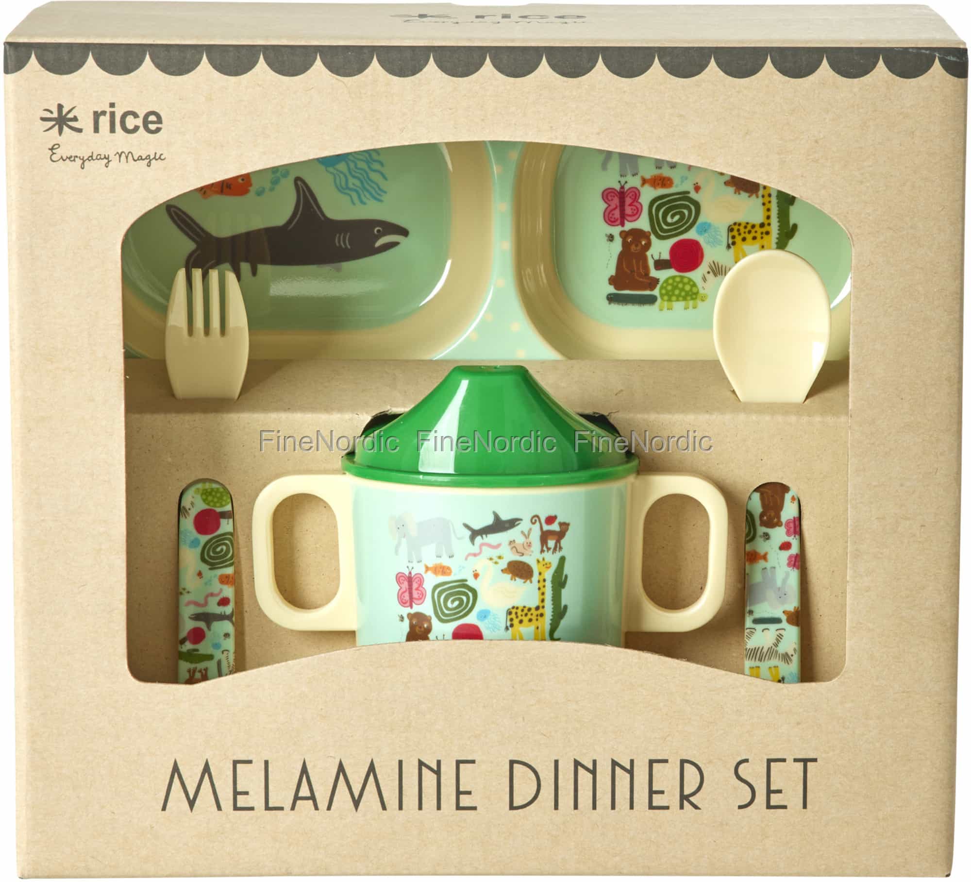 Rice Melamine Baby Dinner Set in Giftbox - "Wildlife" - Mint - Set of 4