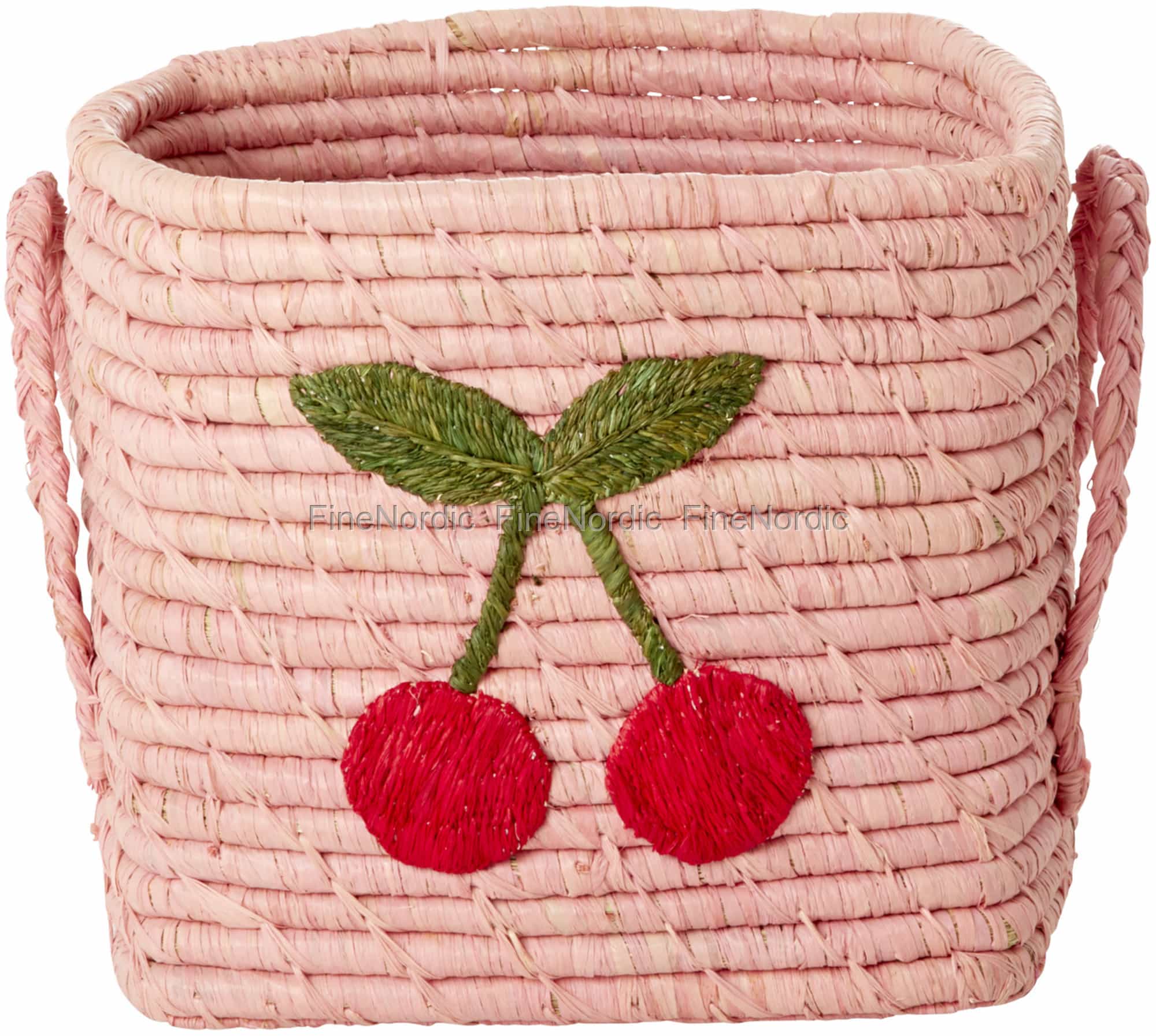 Rice Raffia Basket - Square - "Big Cherry" Embroidery - Raffia Handles ...
