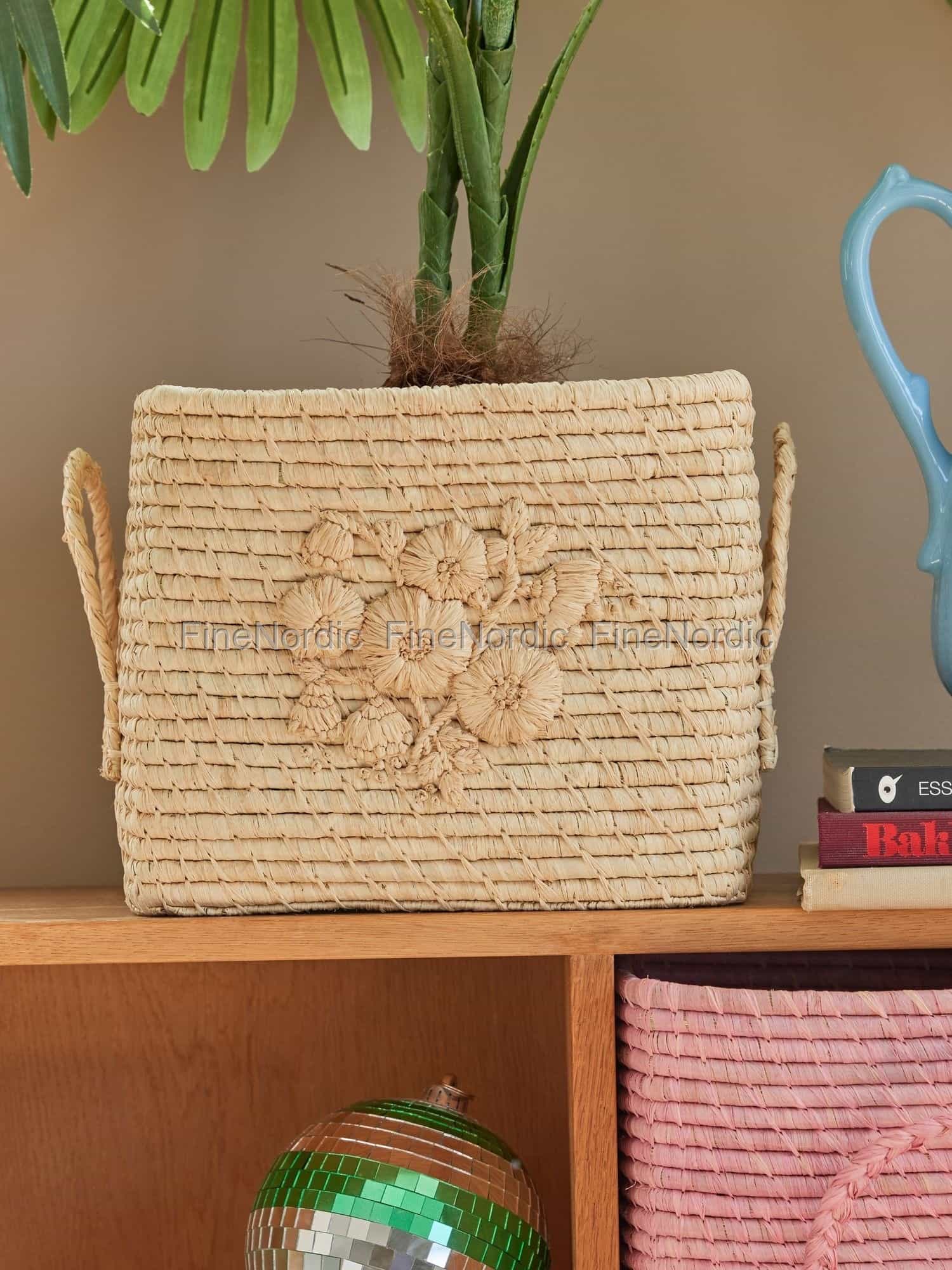 Rice Raffia Basket - Square - Natural - Flower Embroidery - Raffia Handles