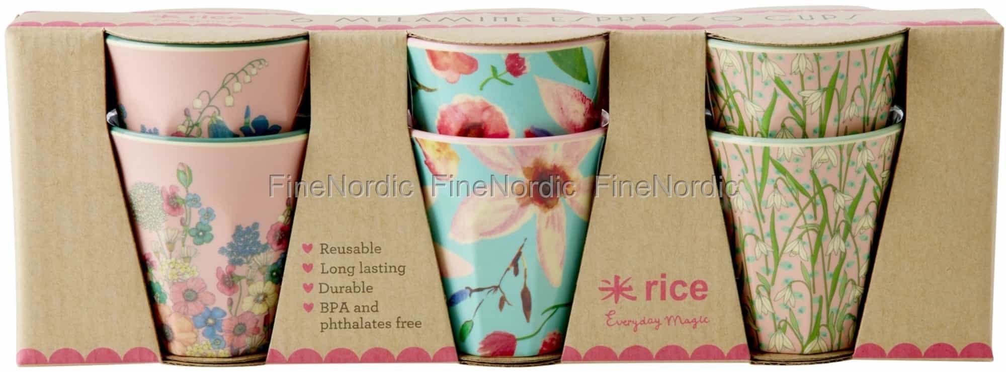 Rice Melamine Espresso Cups - "Flowers" - Set of 6 in Giftbox