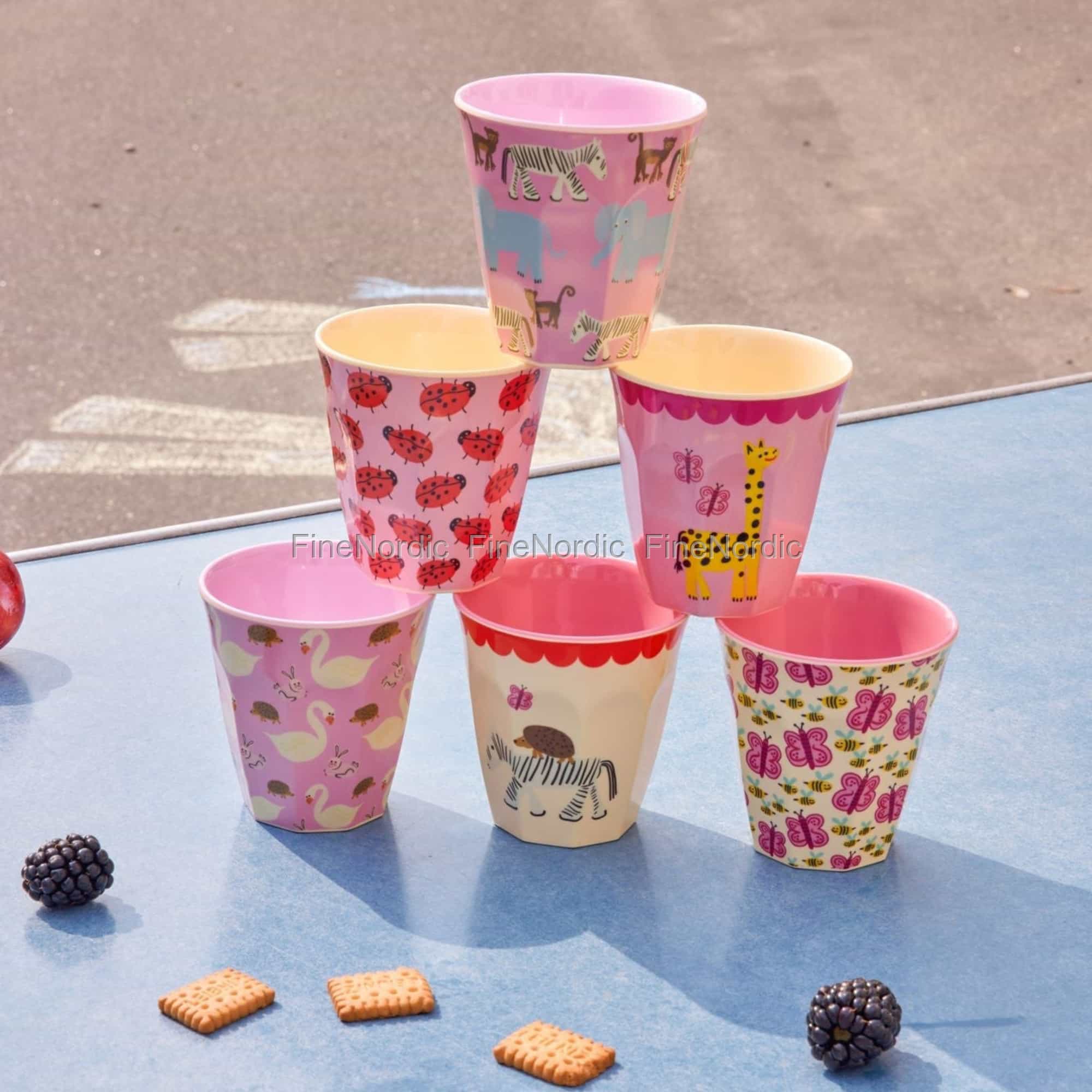 Rice Melamine Cups - "Wildlife" - Pink - Small - Set of 6 in Giftbox