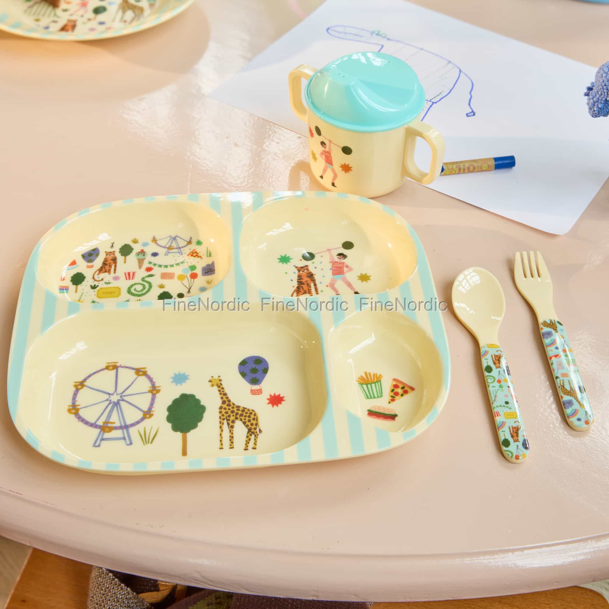 Rice Melamine Kids Plate with 4 Rooms - "Fun Fair" - Mint