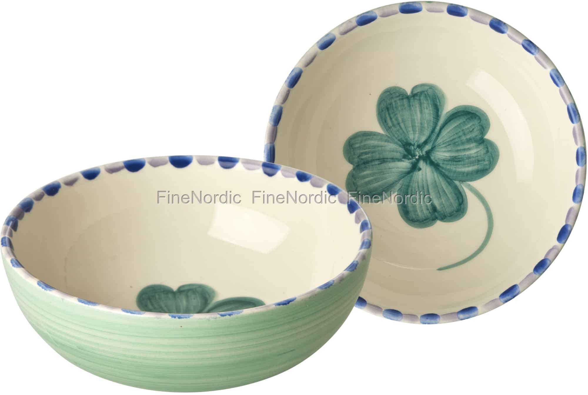 Rice Ceramic Bowl - Handpainted - "Good Luck Clover" - Soft Green