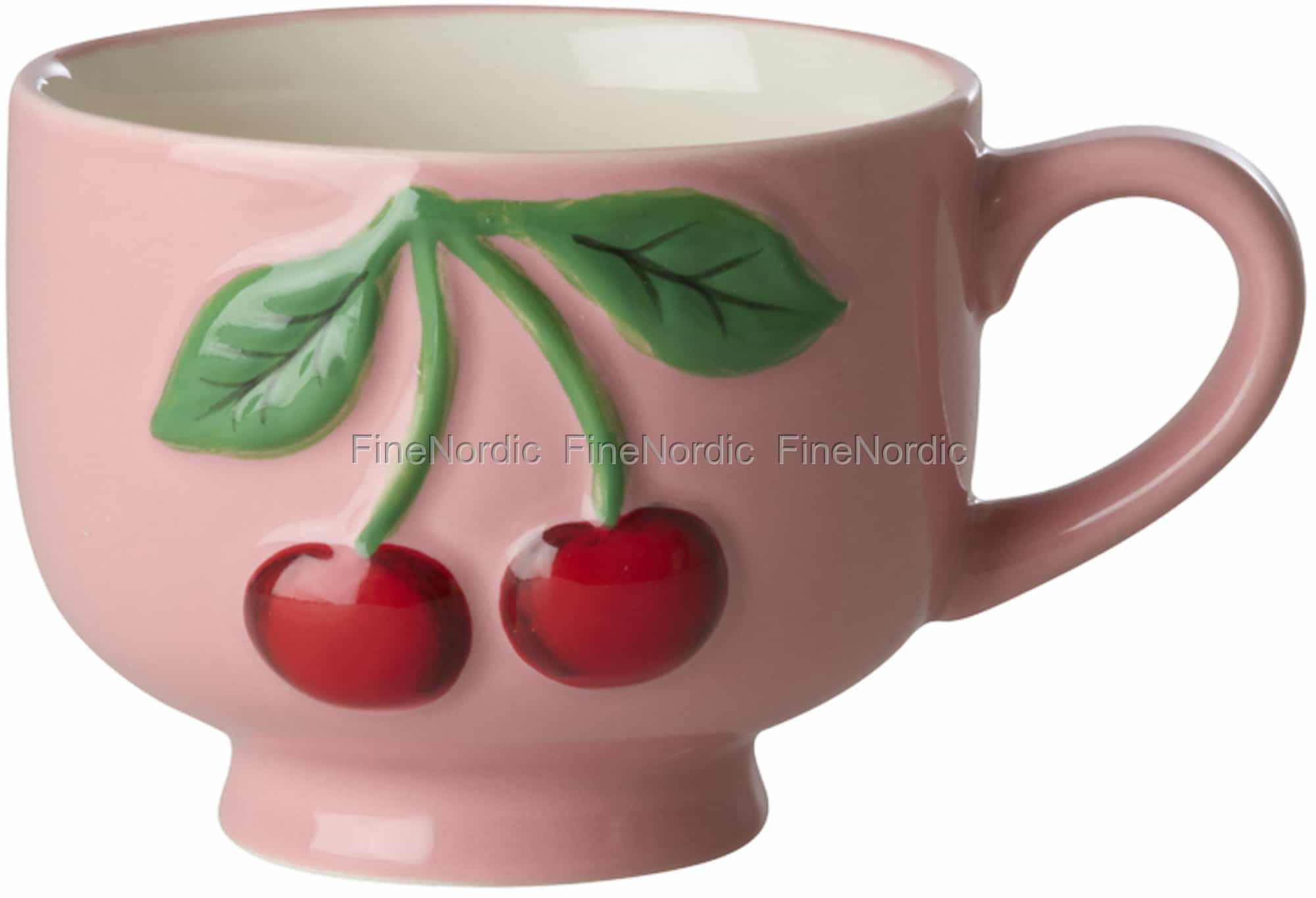 Rice Ceramic Mug - Embossed Red Cherries - Pink