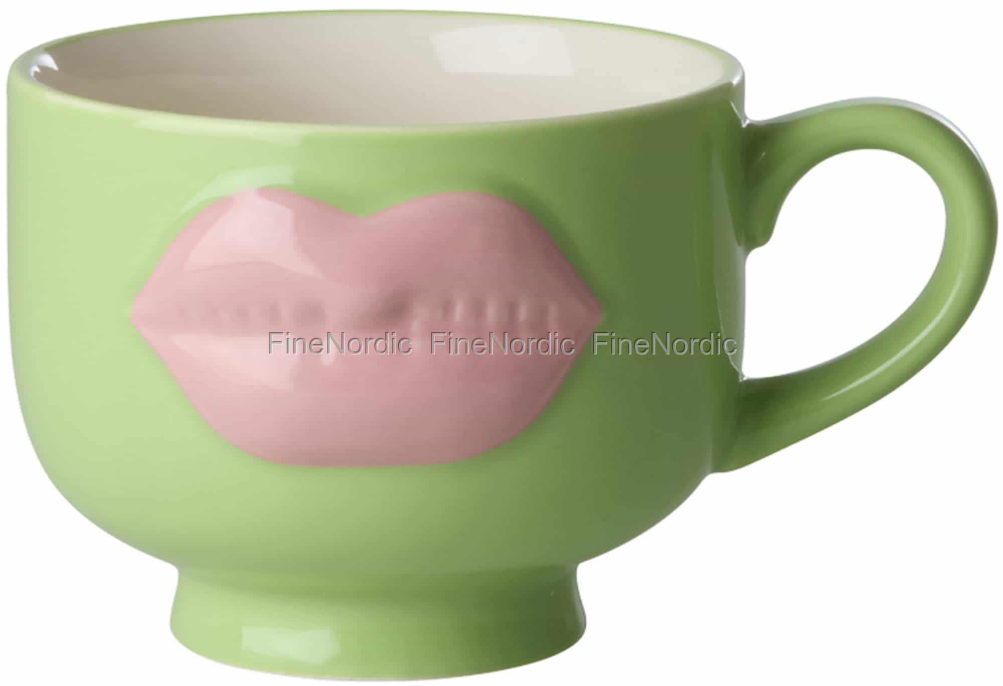 Rice Ceramic Mug - Embossed Soft Pink Lips - Neon Green