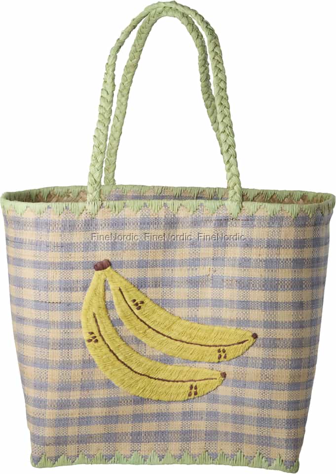 Rice Raffia Bag - Banana Embroidery - Blue - Large