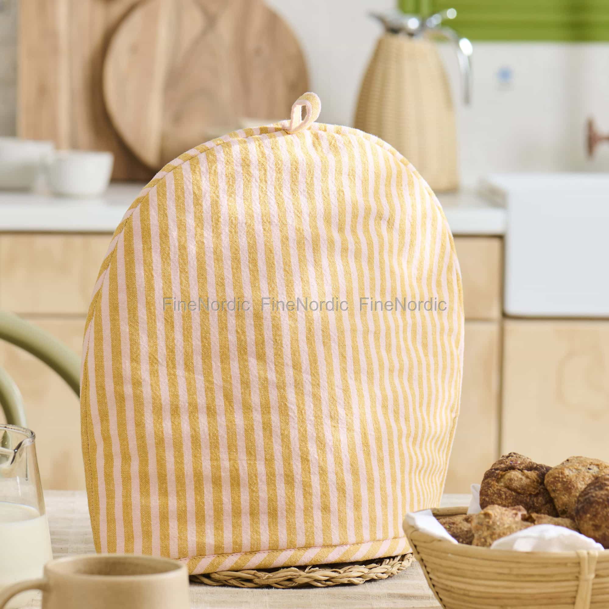 Ib Laursen Tea Cosy "Linea" with Mustard and Light Pink Thin Stripes